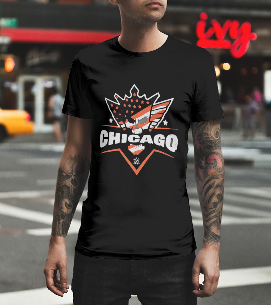 Chicago WWE American Flag Skull Stars Stripes T-Shirt