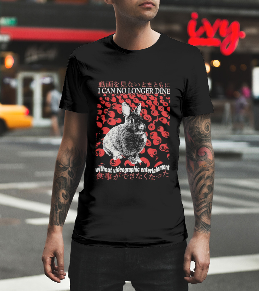 I Can No Longer Dine Without Videographic Entertainment Rabbit Surrounded By Red Roses T-Shirt