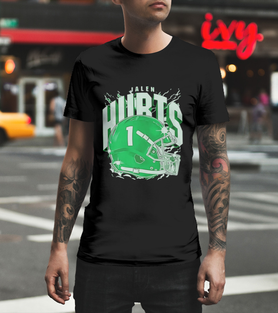 Jalen Hurts 1 Philadelphia Eagles Green Helmet Football T-Shirt