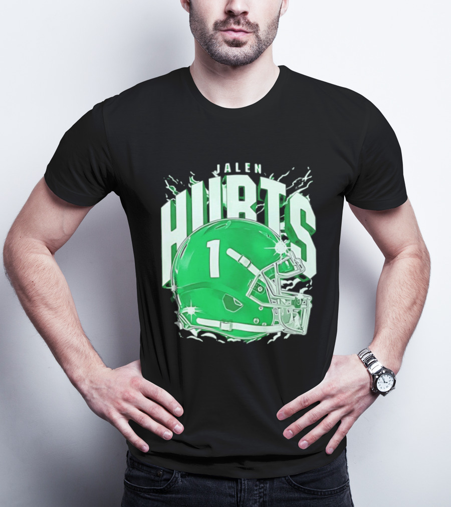 Jalen Hurts 1 Philadelphia Eagles Green Helmet Football T-Shirt