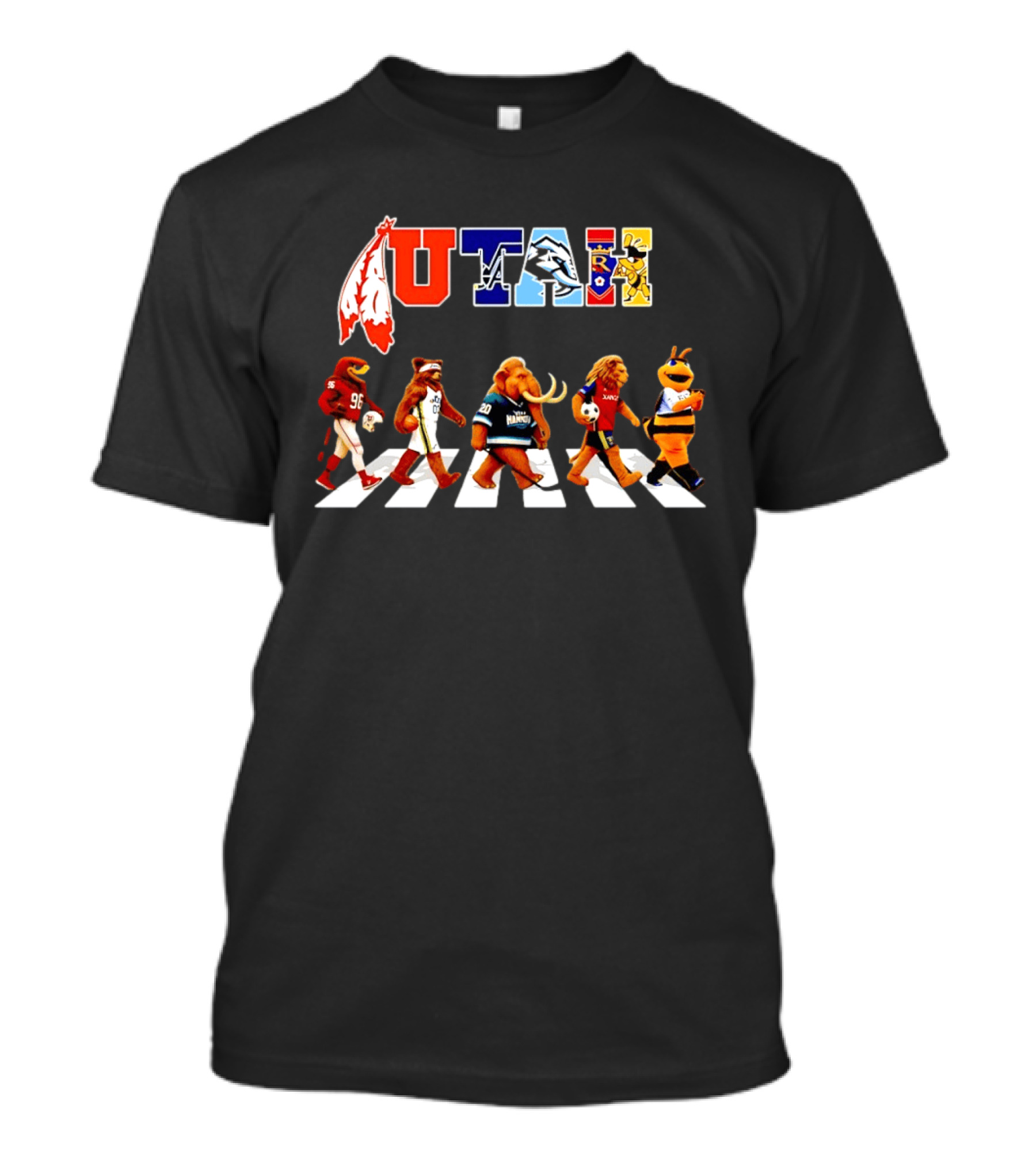 Utah Sports Mascots Walking Across Abbey Road Collage Real Salt Lake Jazz Utes Aggies T-Shirt