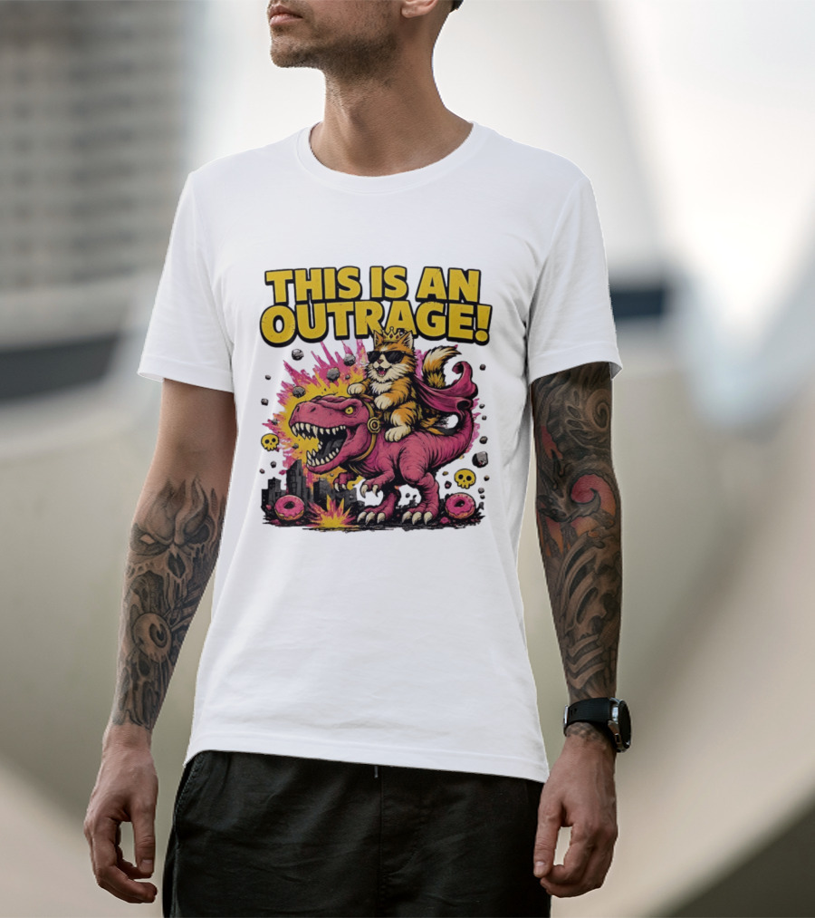 This Is An Outrage Cat King With Sunglasses Riding A Pink Rex With Explosions And Donuts T-Shirt