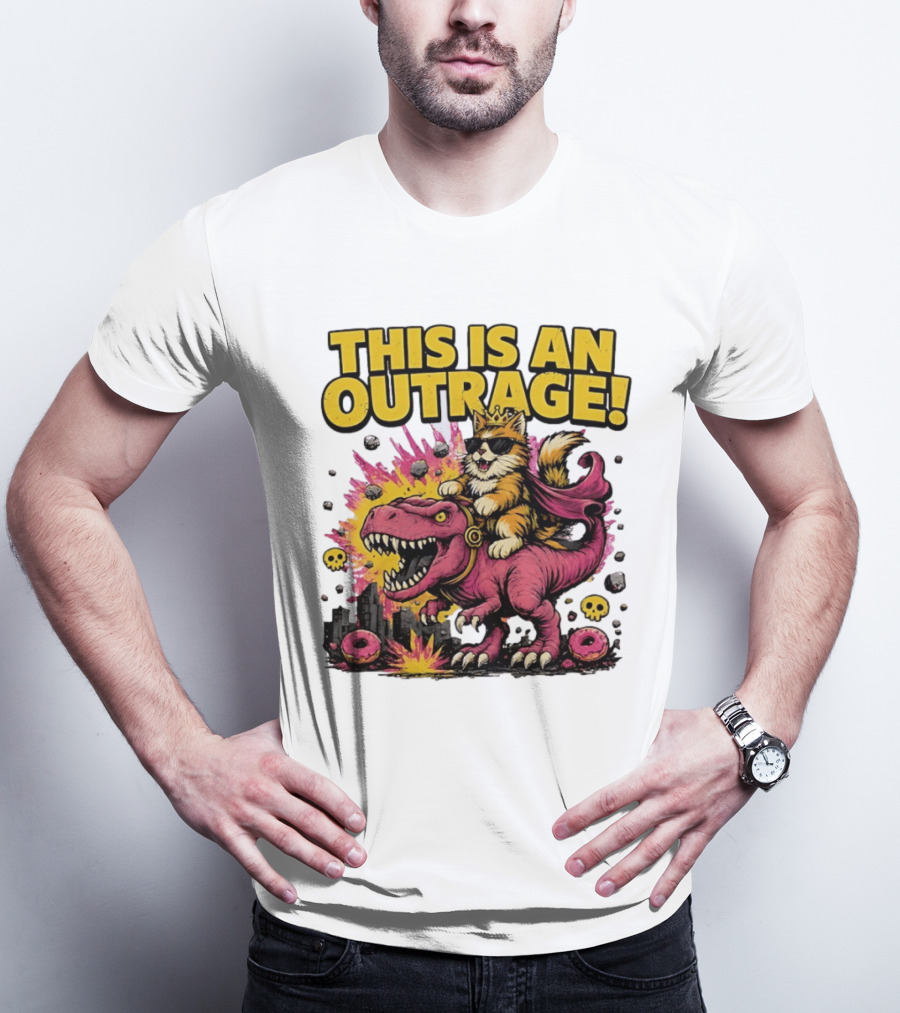 This Is An Outrage Cat King With Sunglasses Riding A Pink Rex With Explosions And Donuts T-Shirt