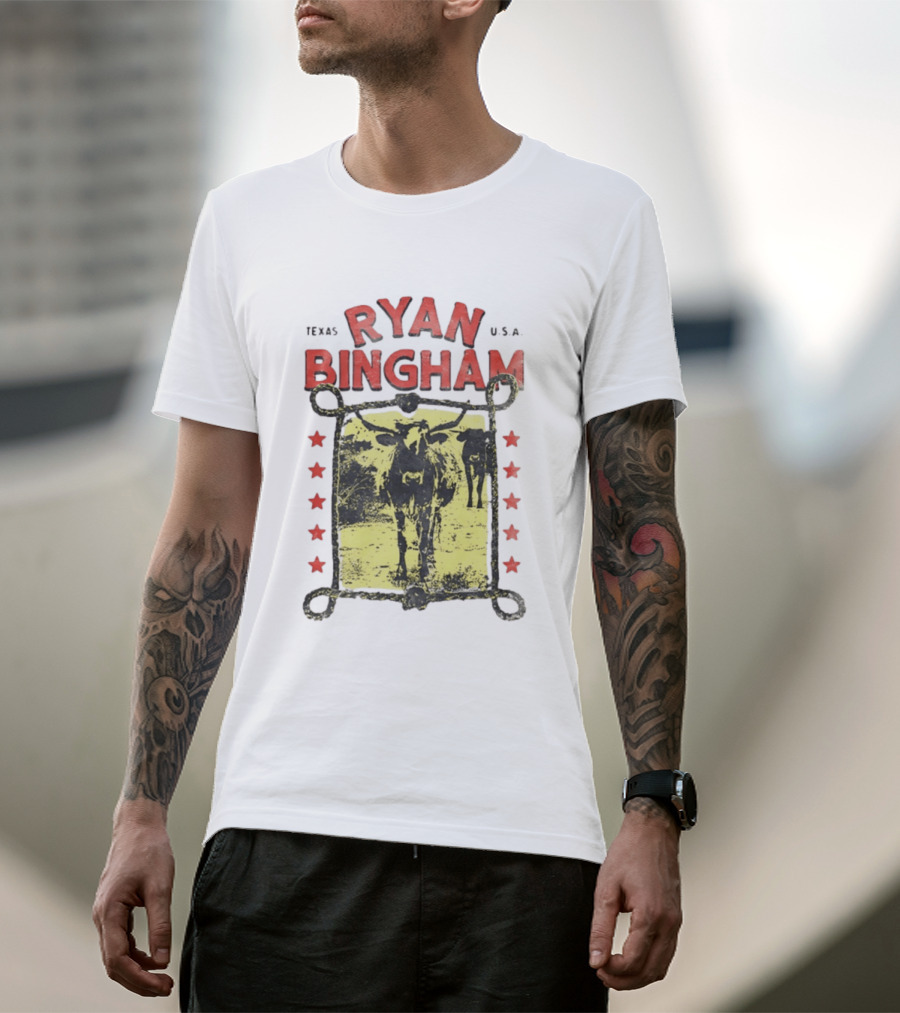 Texas Ryan Bingham Longhorn Cattle U.S.A Stars T-Shirt