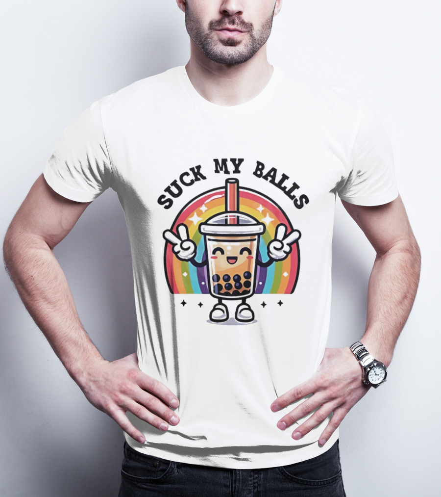 Suck My Balls Boba Tea Rainbow Peace Sign T-Shirt