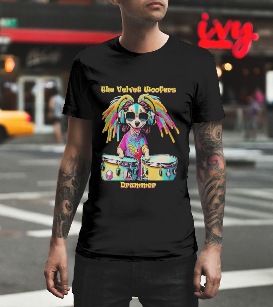 The Velvet Woofers Drummer Dog Colorful Cool Canine With Headphones And Drums T-Shirt