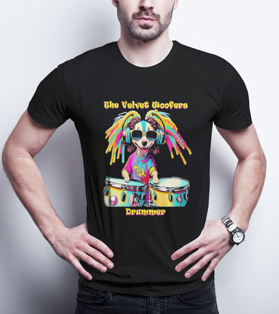 The Velvet Woofers Drummer Dog Colorful Cool Canine With Headphones And Drums T-Shirt