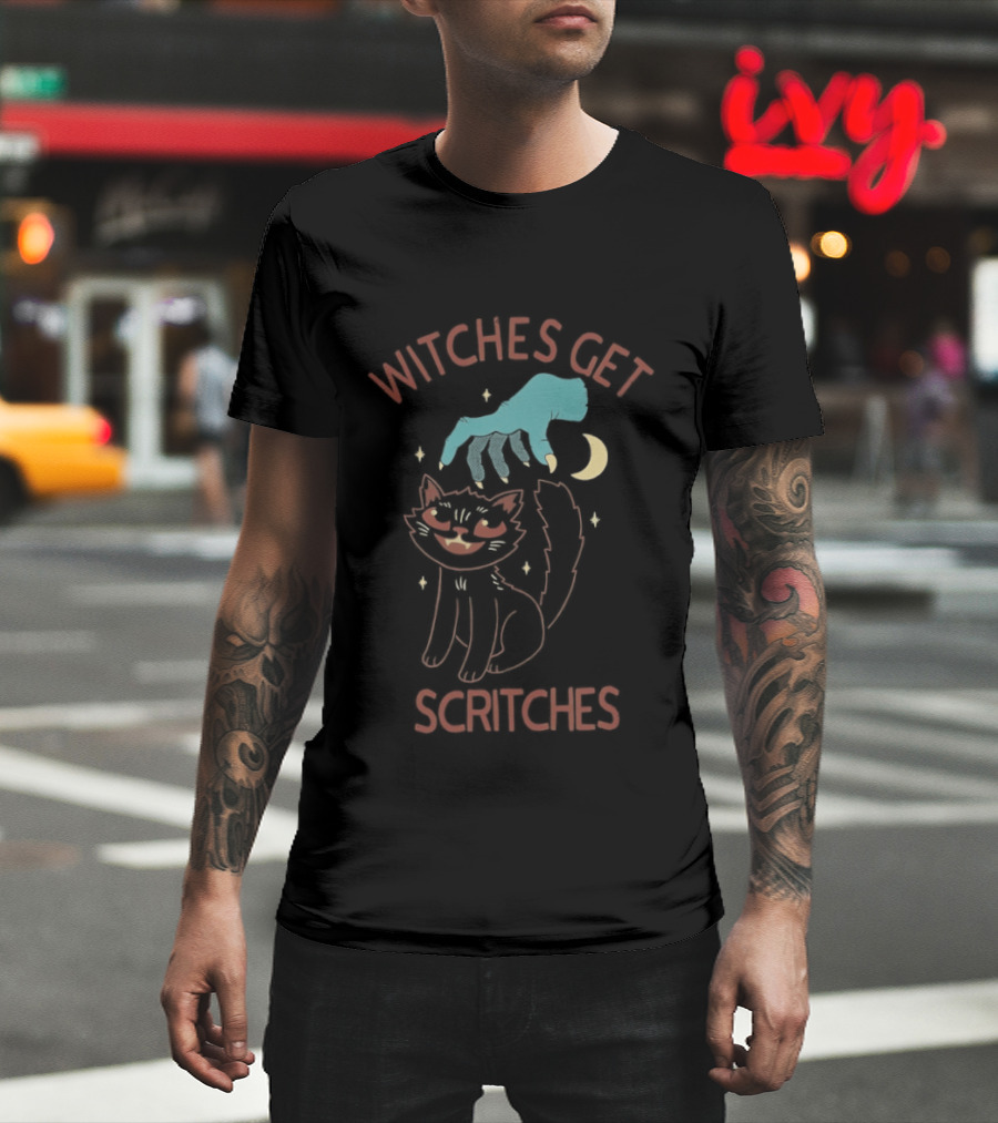 Witches Get Scritches Black Cat Halloween Moon And Hand T-Shirt