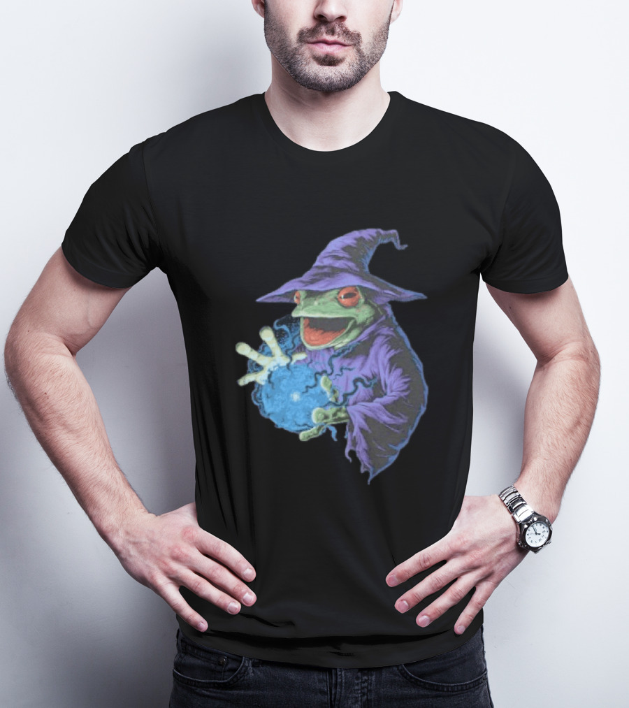 Wizard Frog In Purple Robe Casting Blue Magic Spell T-Shirt
