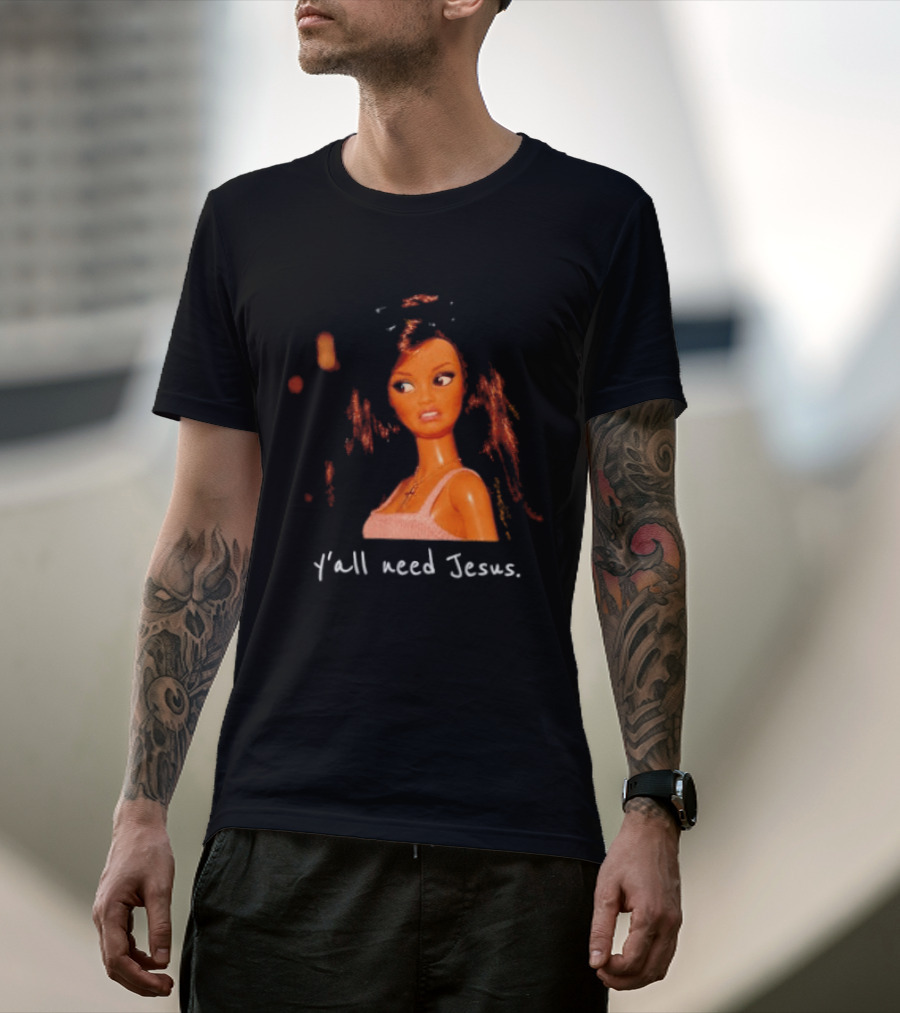 Y'all Need Jesus Doll Funny Meme Brown Hair Orange Dress T-Shirt