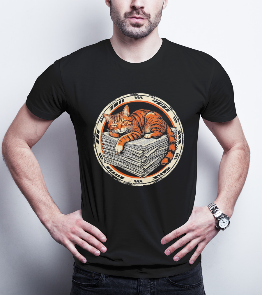 Orange Cat Relaxing On Stack Of Newspapers In Circle T-Shirt