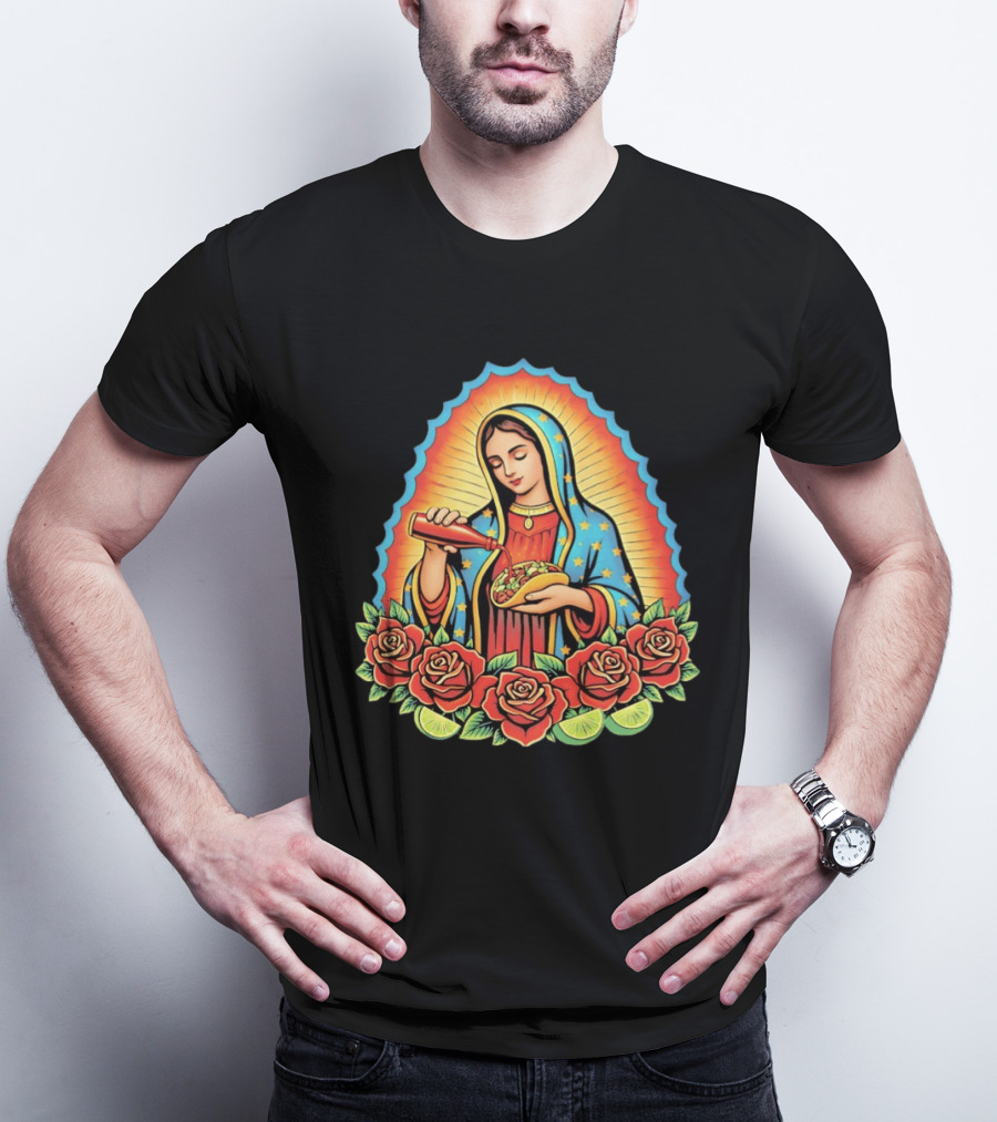 Our Lady Of Guadalupe Hot Sauce Taco With Roses And Lime T-Shirt