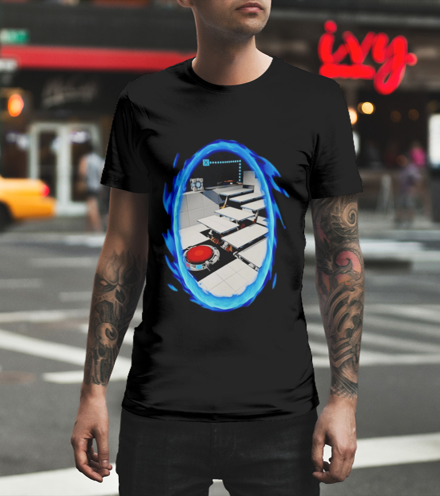 Portal Weighted Companion Cube Aperture Science Test Chamber Blue Portal Steps T-Shirt