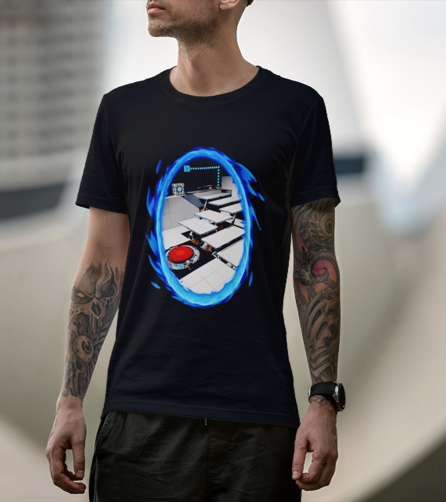 Portal Weighted Companion Cube Aperture Science Test Chamber Blue Portal Steps T-Shirt