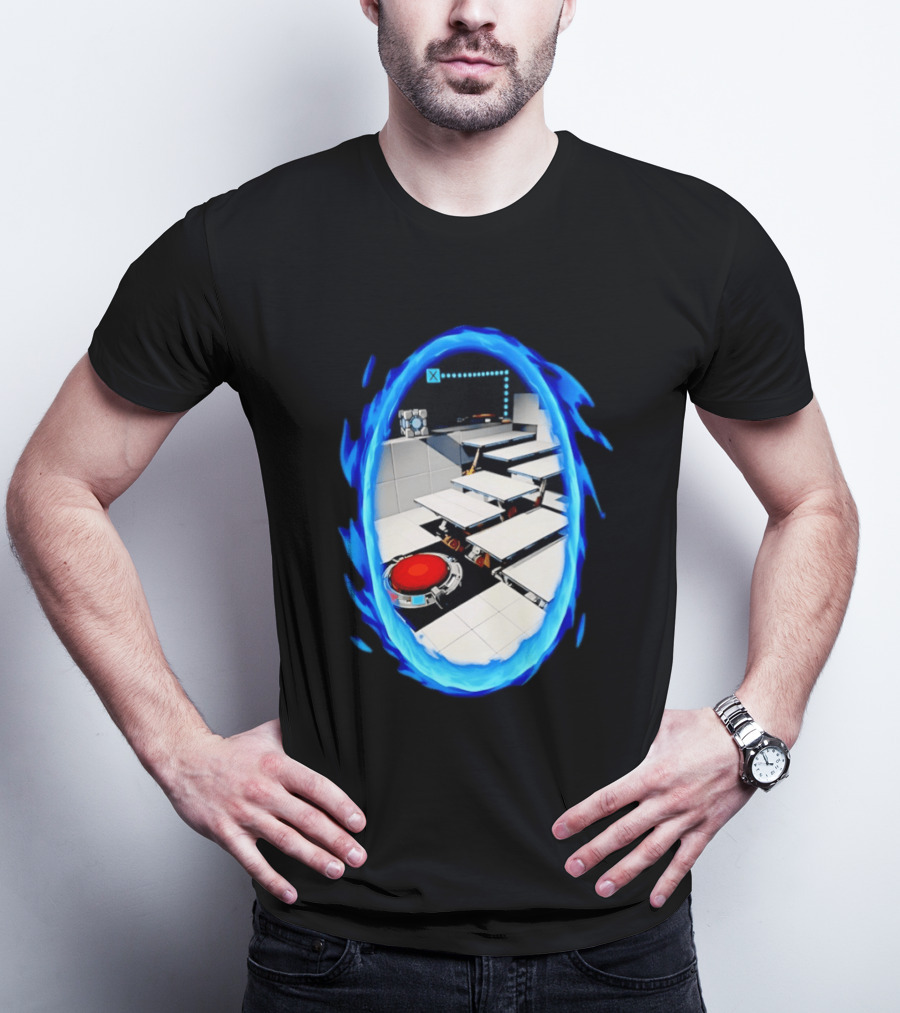 Portal Weighted Companion Cube Aperture Science Test Chamber Blue Portal Steps T-Shirt