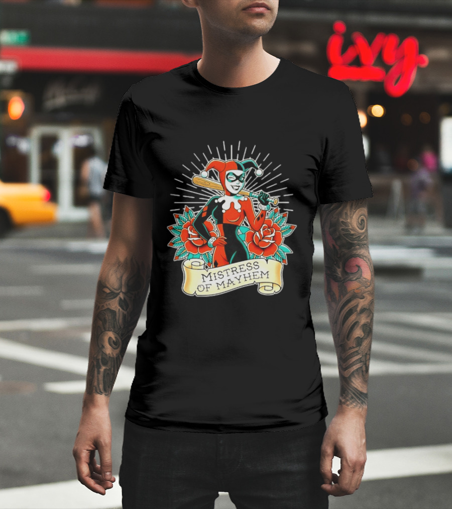Harley Quinn DC Comics Mistress Of Mayhem Roses And Bat T-Shirt