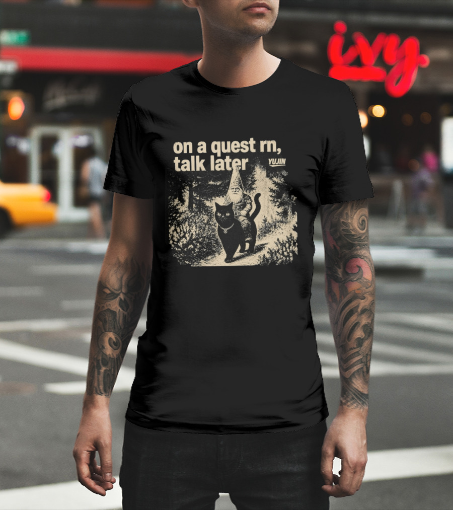 On A Quest RN Talk Later Yujin Gnome Riding Black Cat T-Shirt