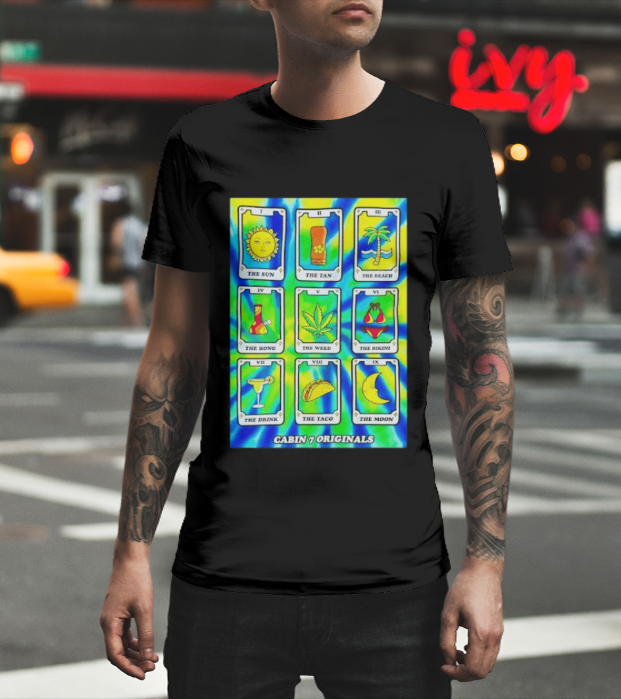 Cabin 7 Originals Tarot Cards Sun Tan Beach Bong Weed Bikini Drink Taco Moon T-Shirt