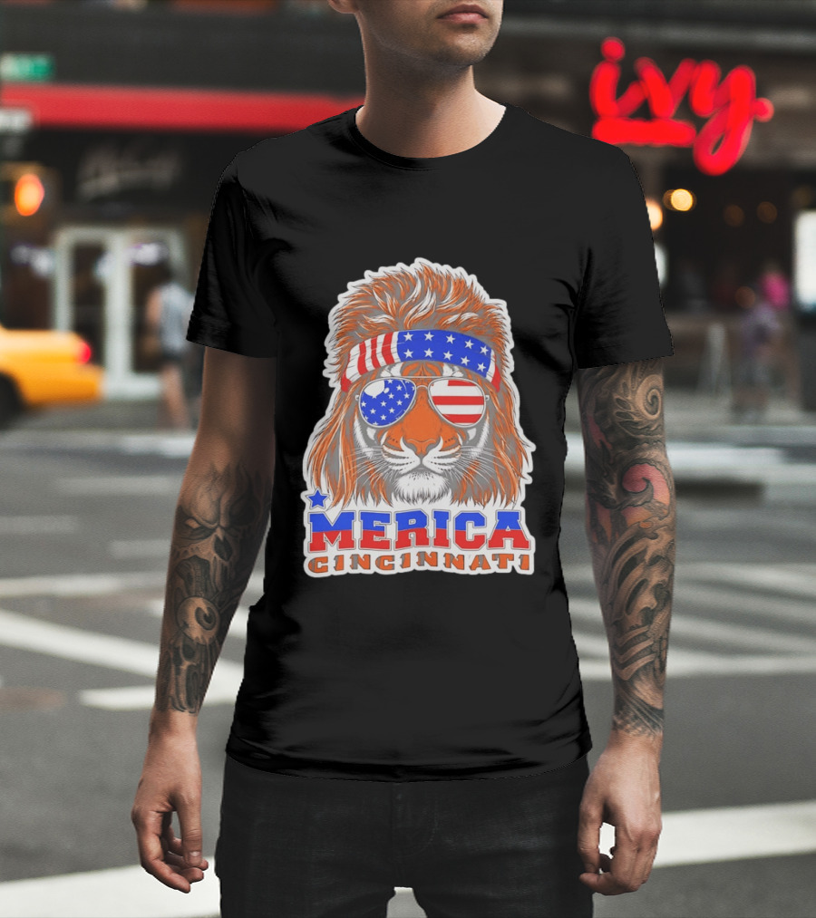 Cincinnati Merica Patriotic Tiger Mullet USA Flag T-Shirt