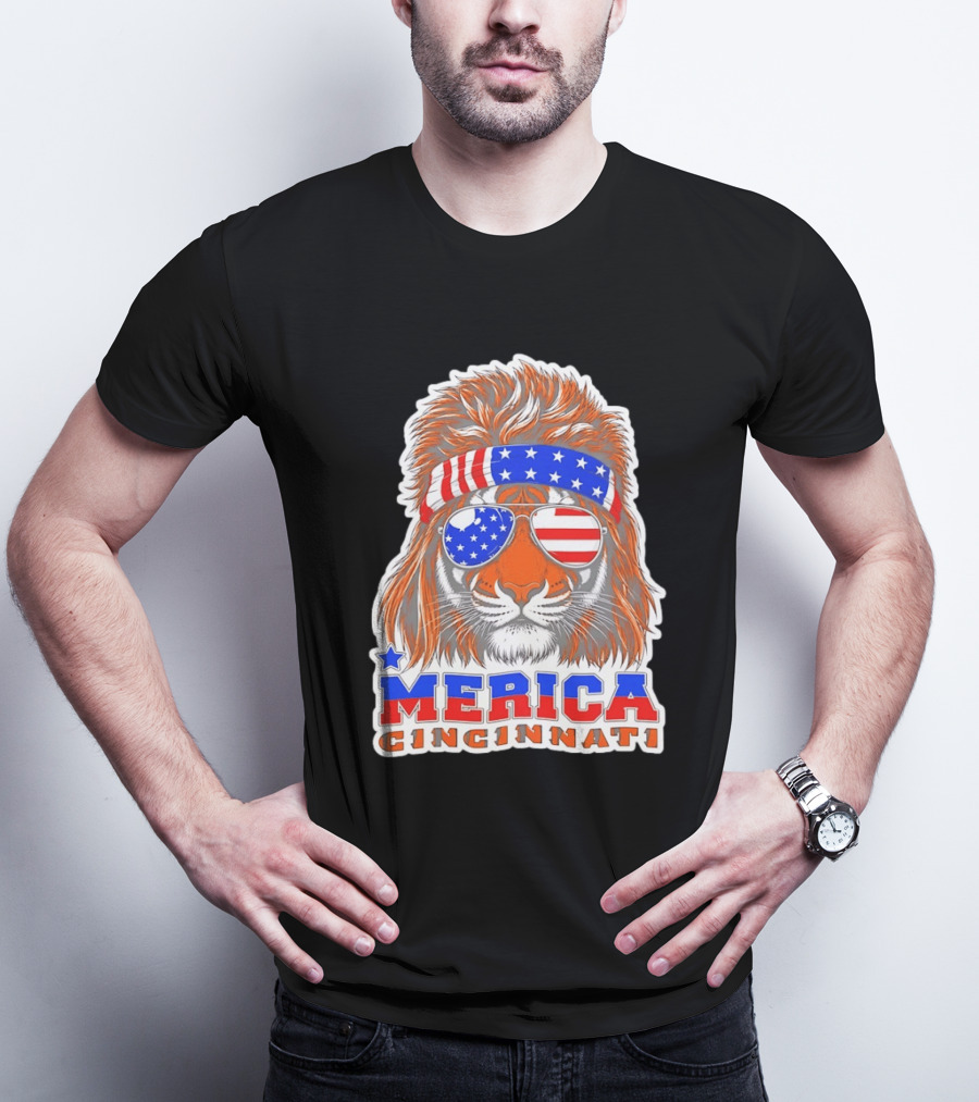 Cincinnati Merica Patriotic Tiger Mullet USA Flag T-Shirt