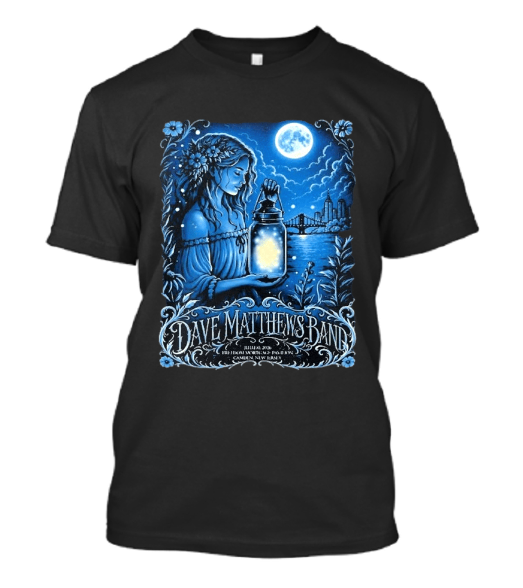 Dave Matthews Band July 10 2026 Freedom Mortgage Pavilion Camden New Jersey Moonlit Lantern And City Skyline T-Shirt