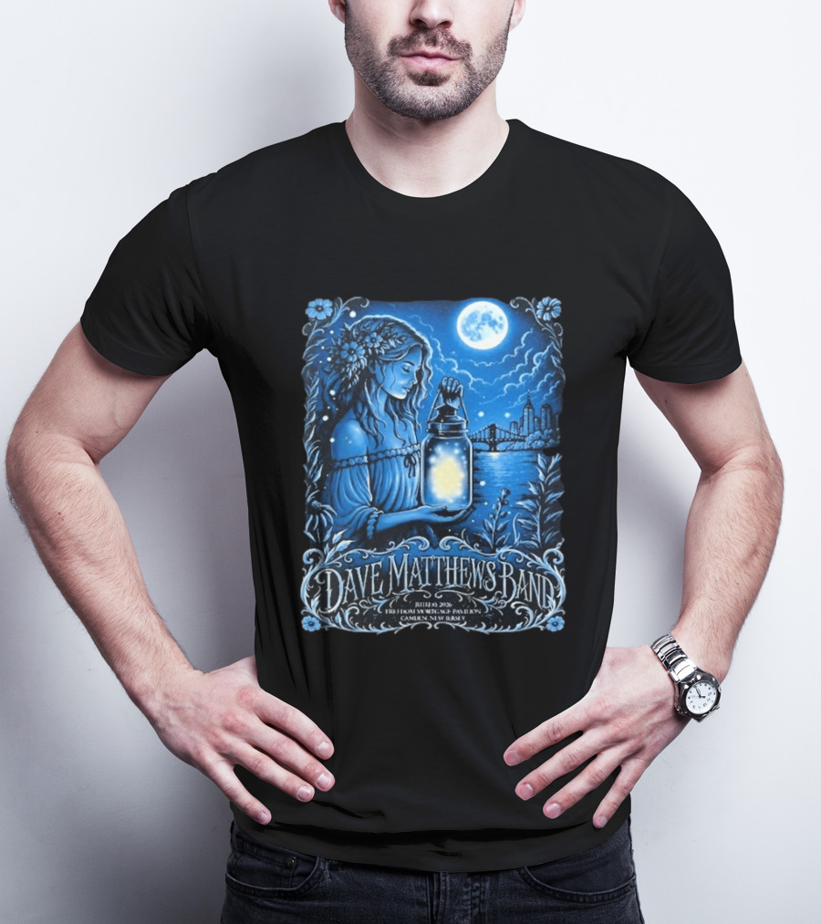 Dave Matthews Band July 10 2026 Freedom Mortgage Pavilion Camden New Jersey Moonlit Lantern And City Skyline T-Shirt