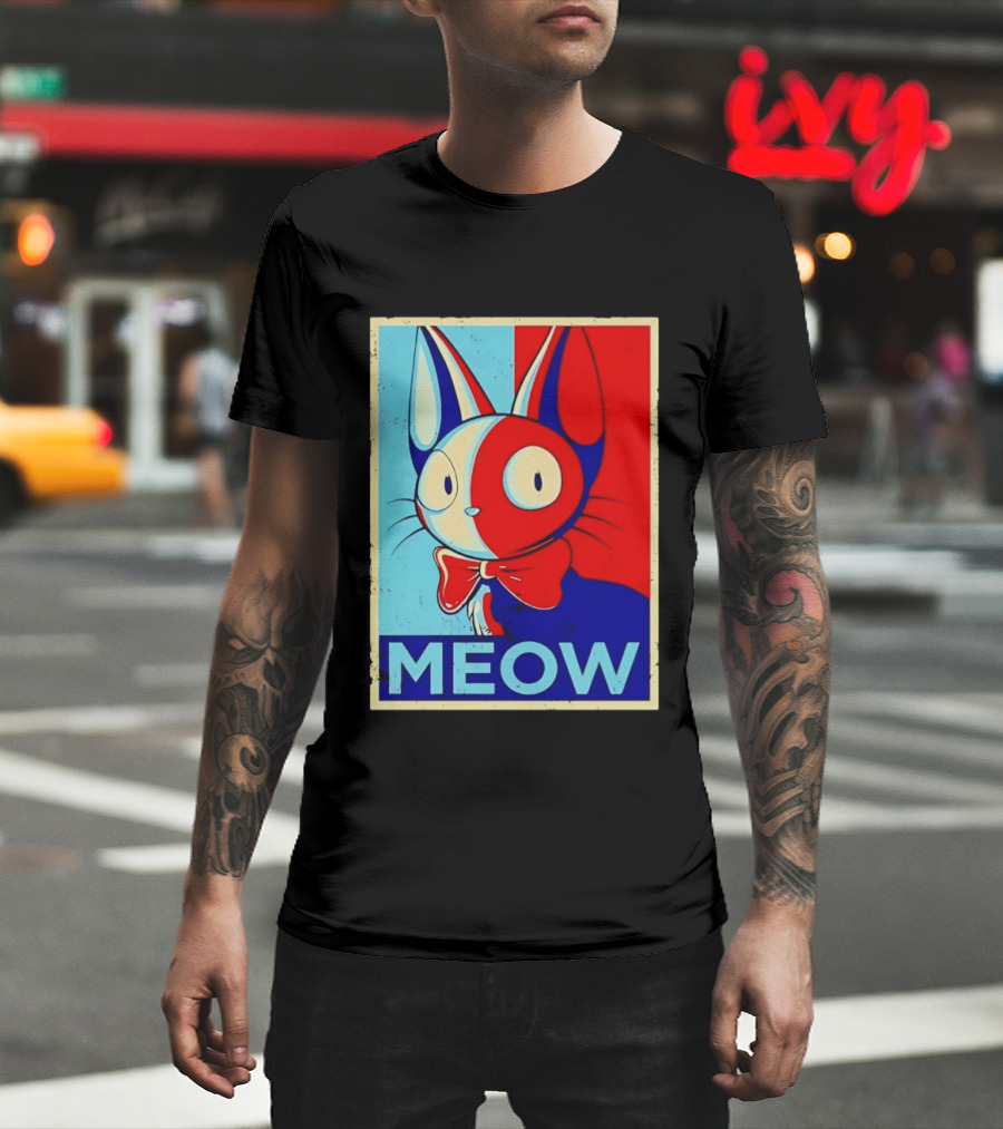 Meow Red Blue Cat Bow Tie T-Shirt