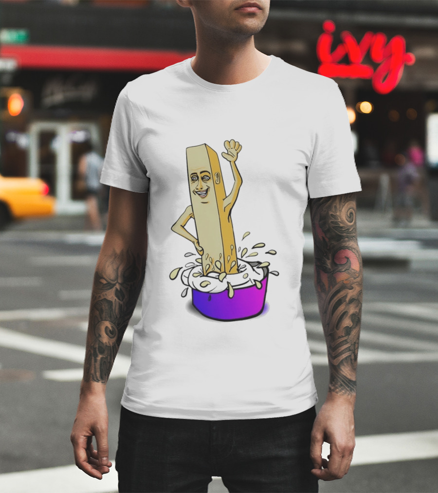 Belgian French Fry Cartoon Character Waving In Sauce Bowl T-Shirt