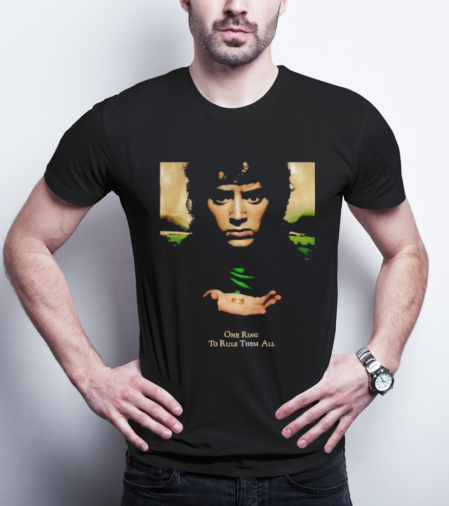 Elijah Wood One Ring To Rule Them All Lord Of The Rings Face Hands Gold Band T-Shirt