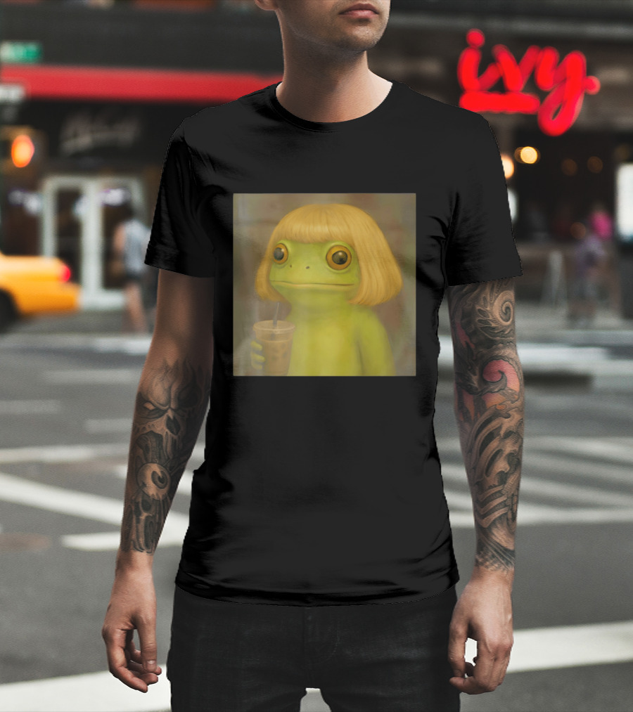 Blonde Wig Frog Holding Iced Coffee T-Shirt