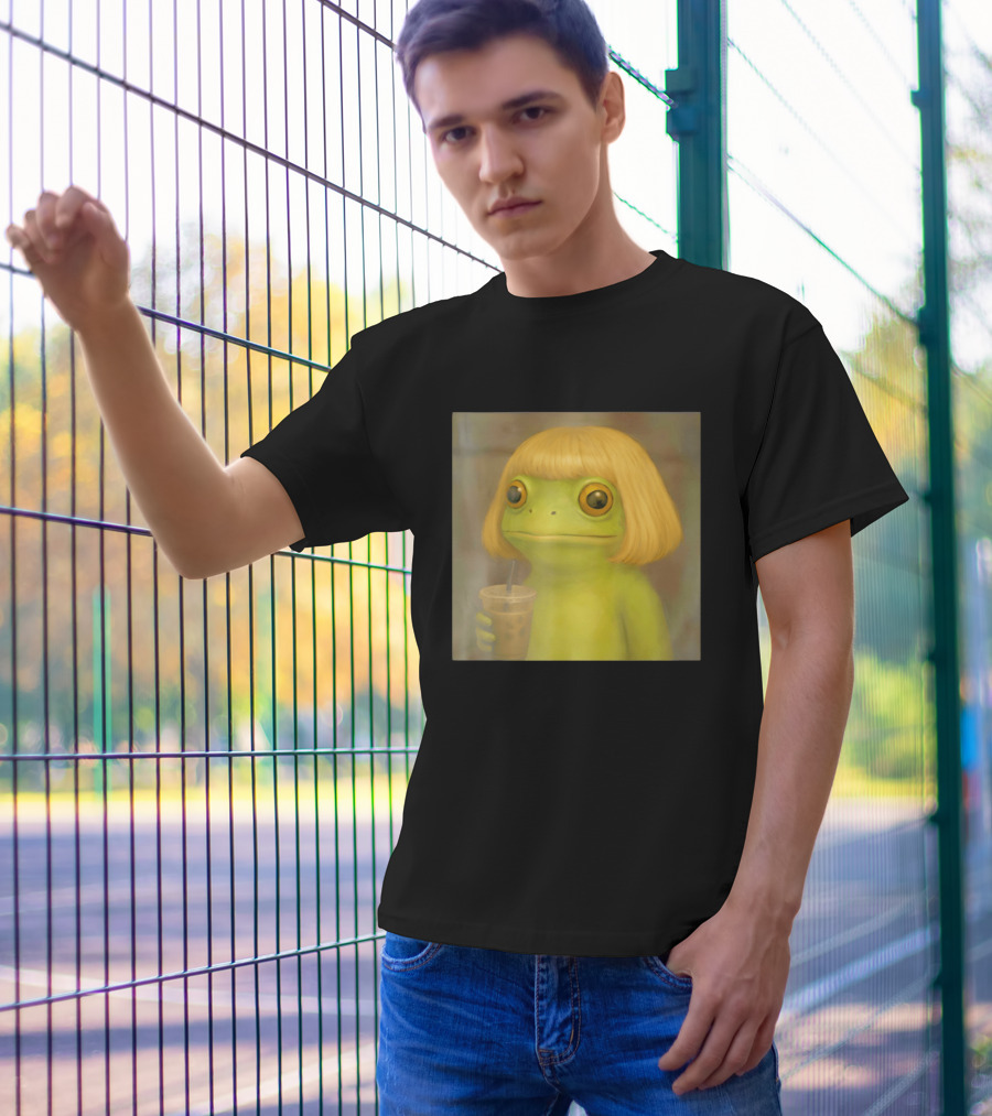 Blonde Wig Frog Holding Iced Coffee T-Shirt