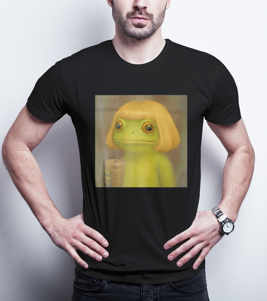 Blonde Wig Frog Holding Iced Coffee T-Shirt