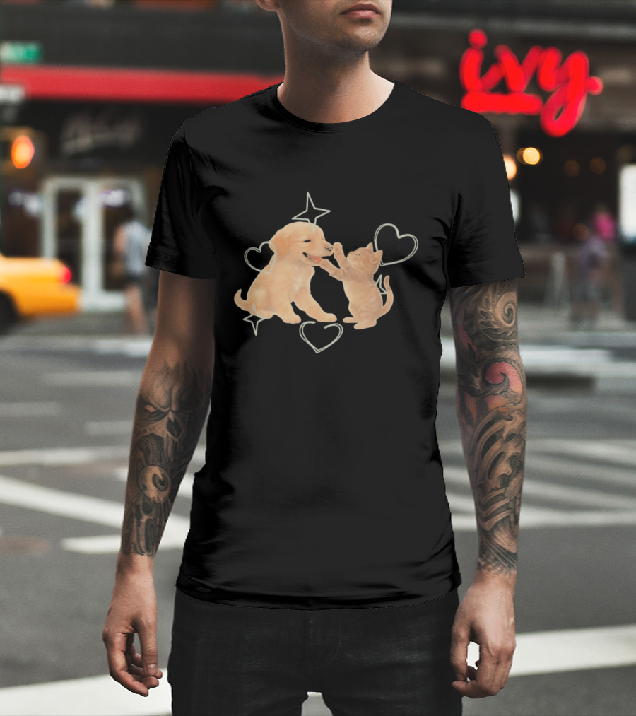Golden Retriever Puppy And Tabby Kitten Playing With Stars And Hearts T-Shirt
