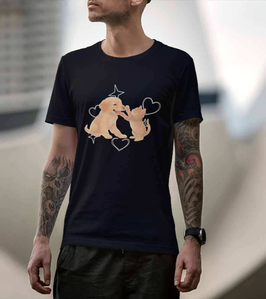 Golden Retriever Puppy And Tabby Kitten Playing With Stars And Hearts T-Shirt