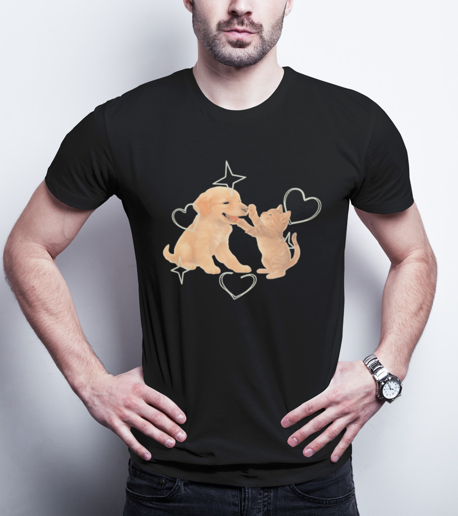 Golden Retriever Puppy And Tabby Kitten Playing With Stars And Hearts T-Shirt