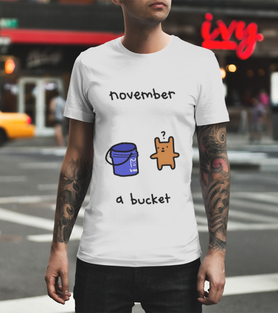November A Bucket Doodle Minimalist Orange Character Blue Bucket T-Shirt