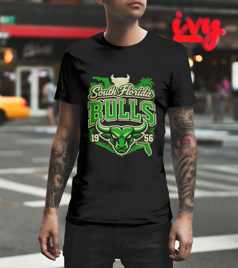 South Florida Bulls 1956 NCAA College Football Palm Tree Map Green Bull T-Shirt