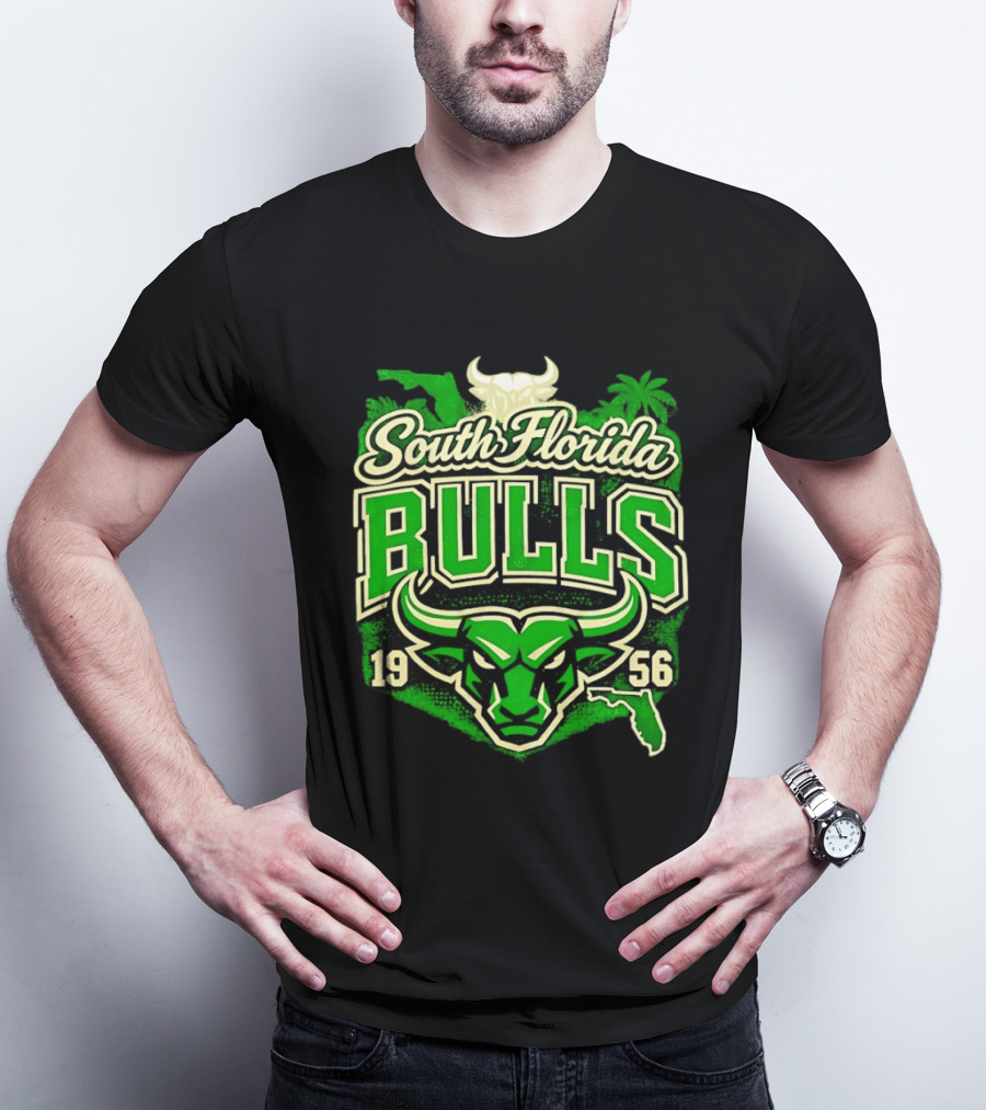 South Florida Bulls 1956 NCAA College Football Palm Tree Map Green Bull T-Shirt