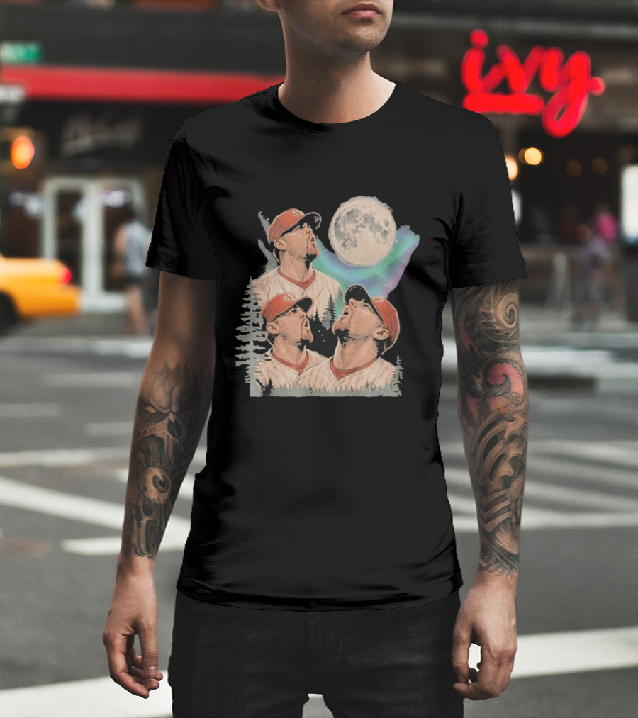 Three Howling Phillies 2026 Randy Wolf Meme Vintage Baseball Art Baseball Moon Forest T-Shirt