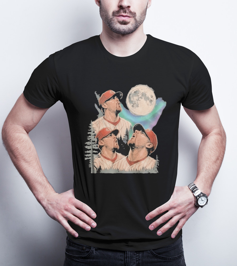 Three Howling Phillies 2026 Randy Wolf Meme Vintage Baseball Art Baseball Moon Forest T-Shirt