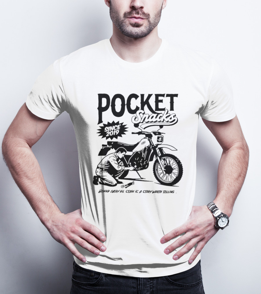 Pocket Snacks Since 2019 Motorcycle Mechanic Oil Stain T-Shirt