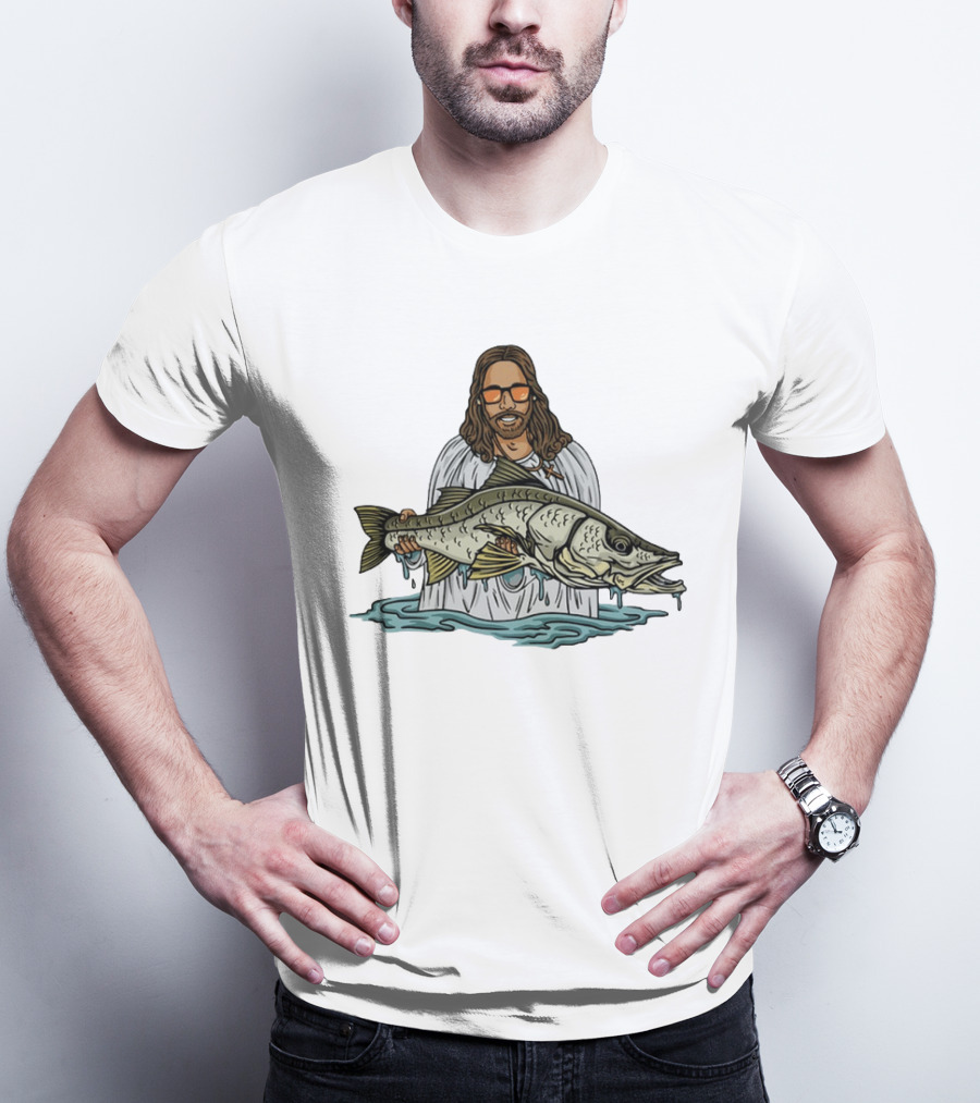 Jesus Holding Fish Like Jesus Fishing With Sunglasses T-Shirt