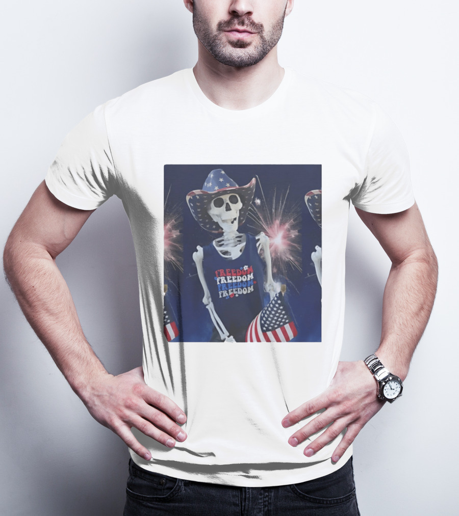 Freedom Skeleton Patriot With American Flag And Fireworks Fourth Of July T-Shirt