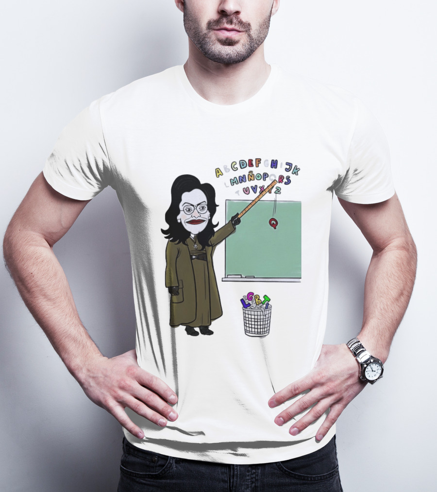 LGBTQ Alphabet Removal Cartoon Teacher With Chalkboard And Trash Bin T-Shirt