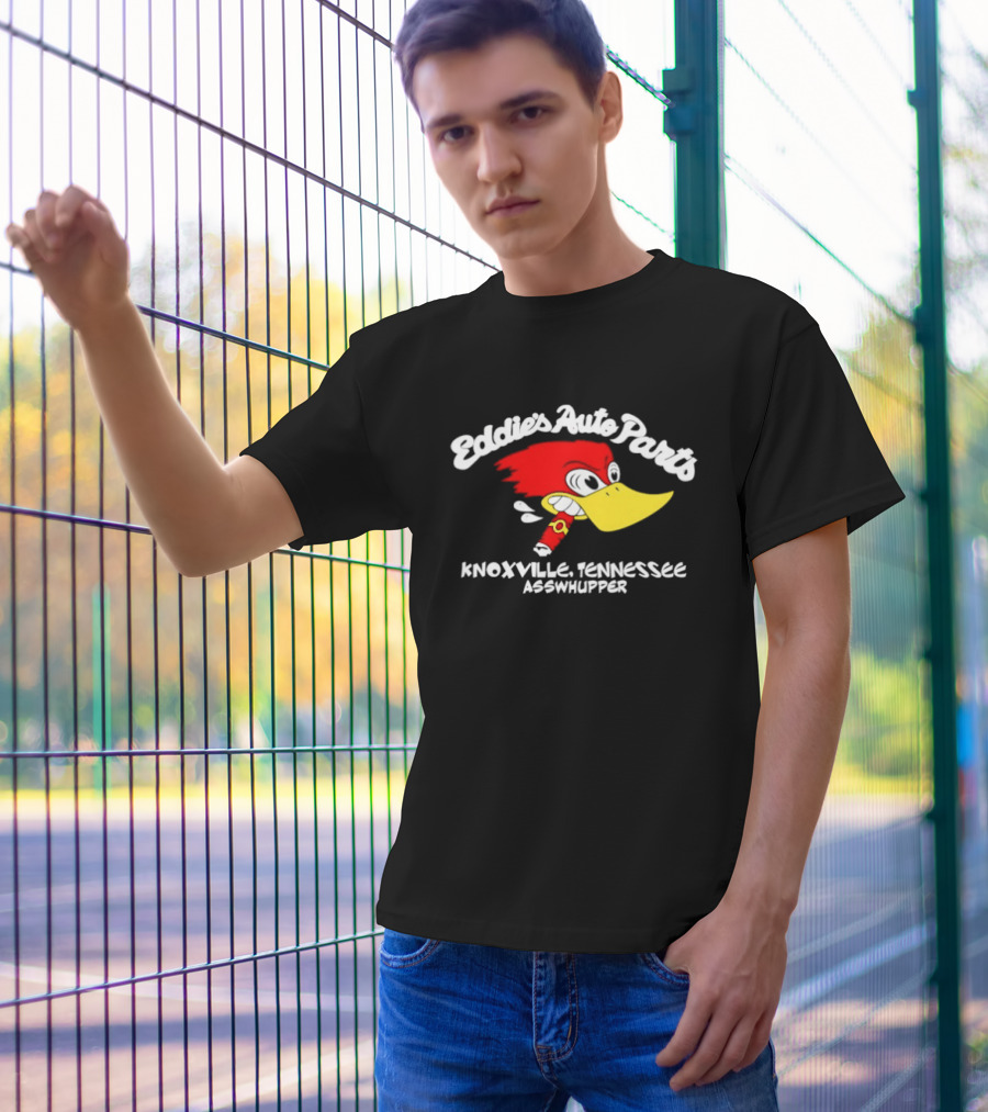 Eddie's Auto Parts Knoxville Tennessee Asswhupper Cartoon Bird Image T-Shirt