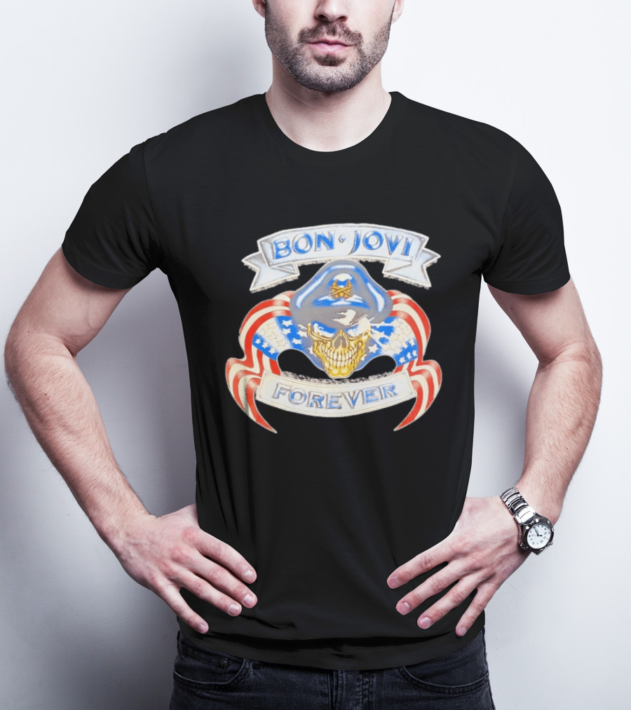 Bon Jovi Forever Skull With American Flag Banners And Blue Cap T-Shirt