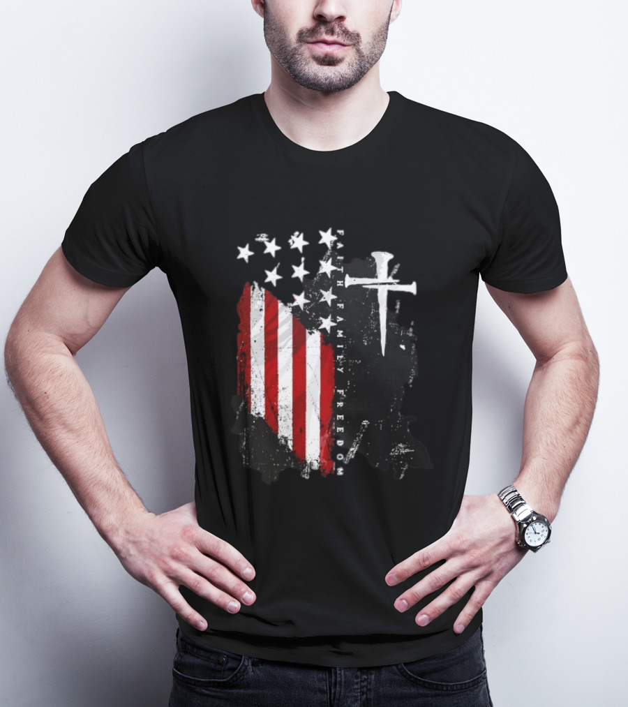 Faith Family Freedom Patriotic American Flag Cross T-Shirt