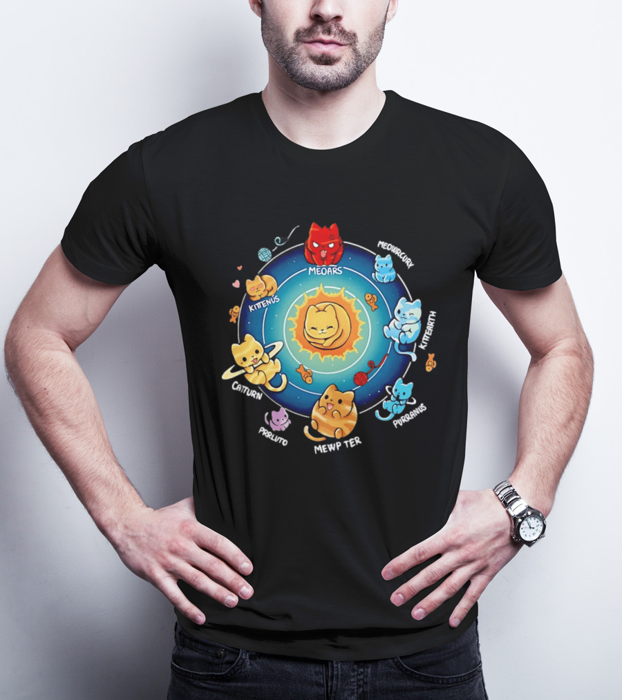 Cat Solar System Pun With Meowars And Planets Names Like Kittenus And Purrurns T-Shirt