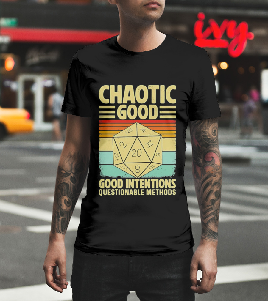Chaotic Good D20 Good Intentions Questionable Methods Stripes T-Shirt