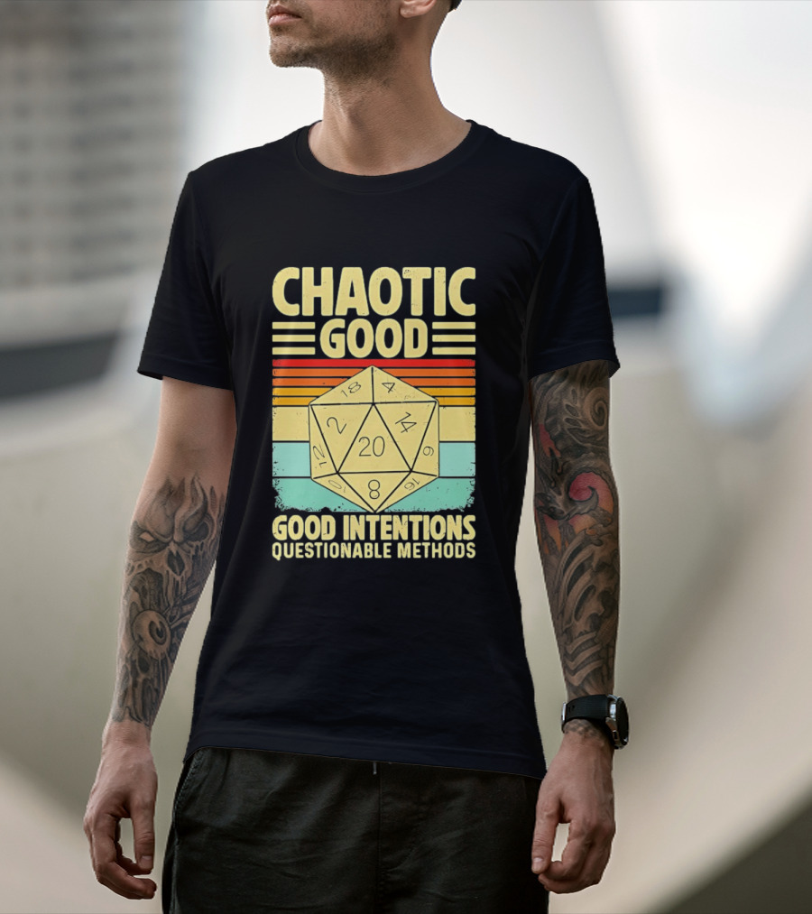 Chaotic Good D20 Good Intentions Questionable Methods Stripes T-Shirt